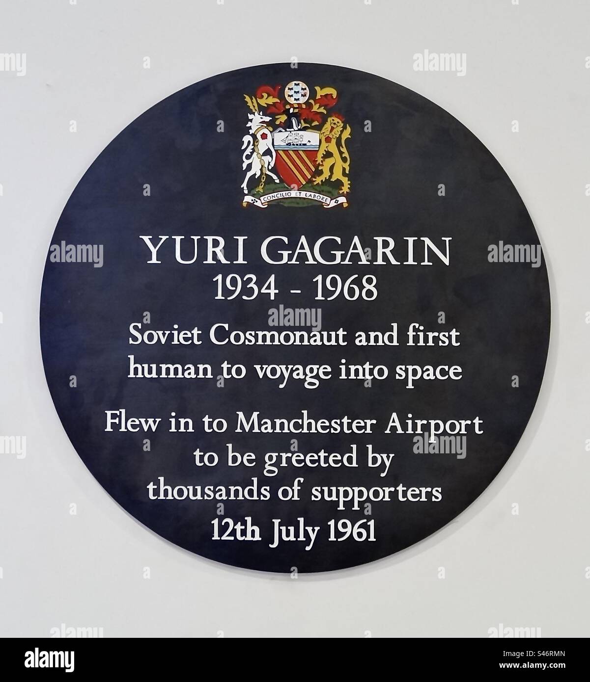 Wall plaque at Manchester Airport UK commemorating the arrival of Yuri ...