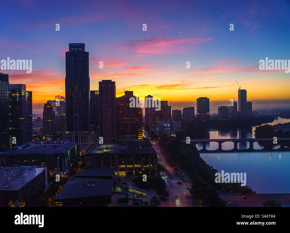 Sunrise skyline of Austin Texas with Ladybird Lake and Congress Street ...