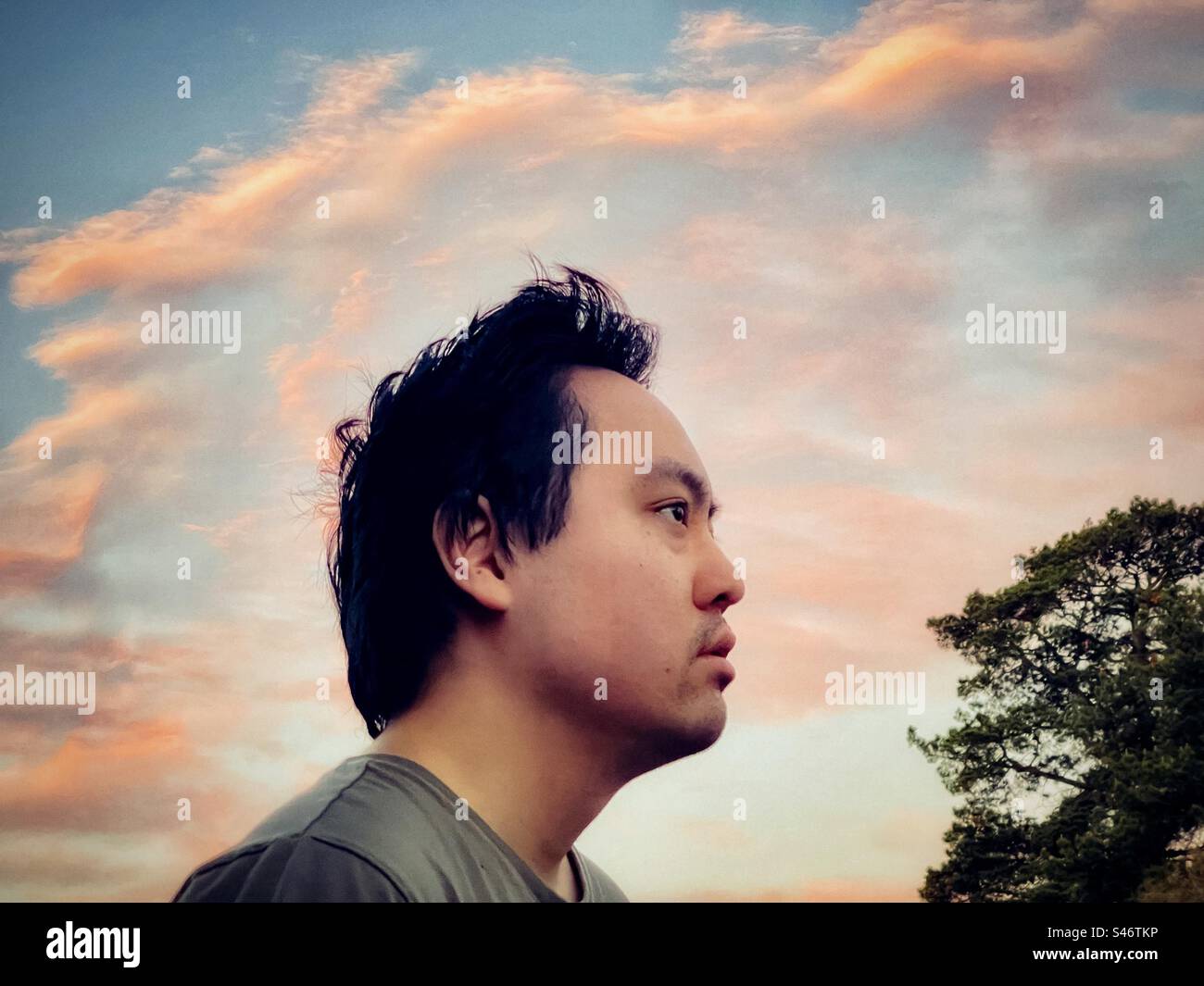 Portrait of young Asian man lost in contemplation against pink clouds ...