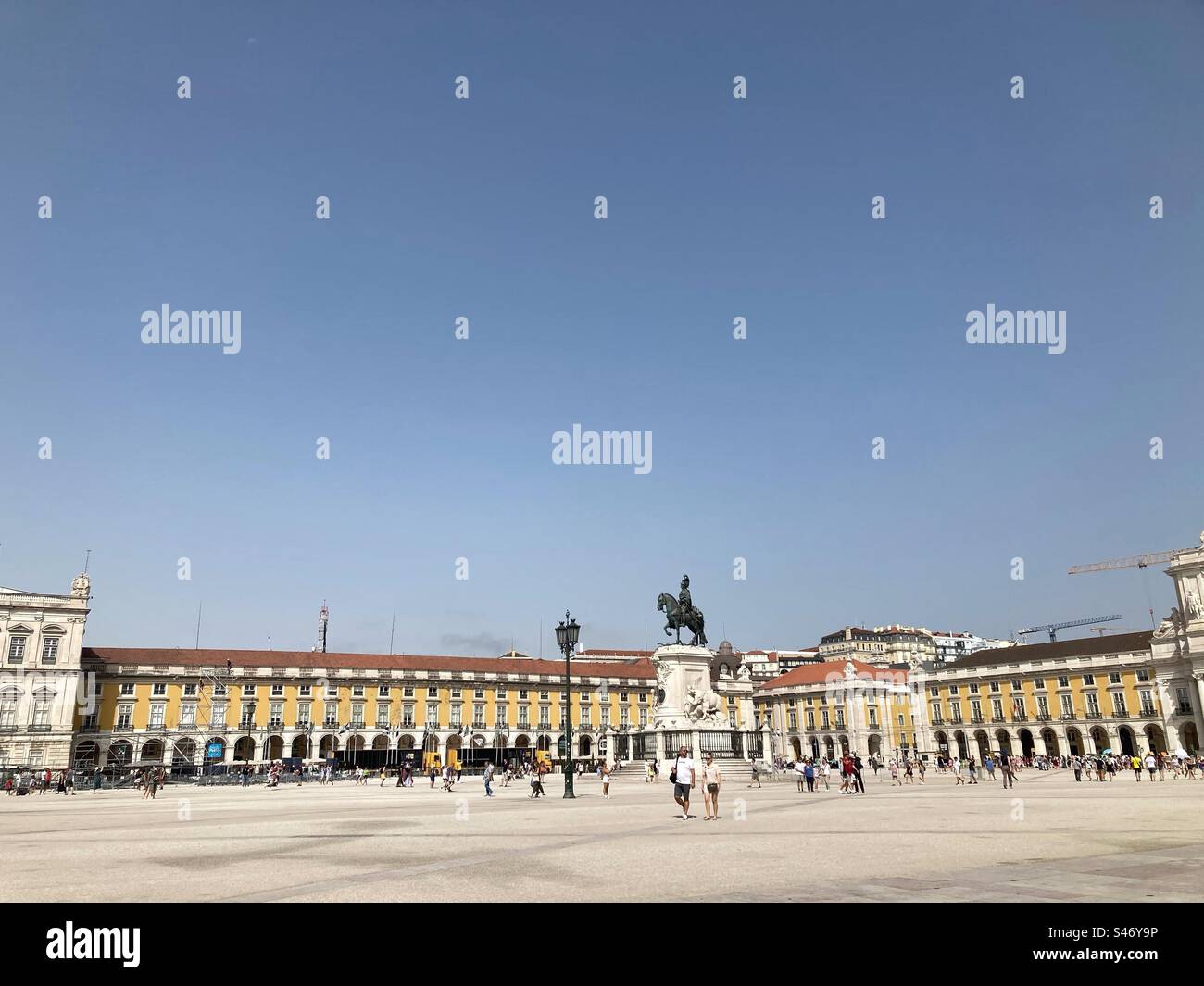 Terreiro do Paço square in Lisbon,Portugal wide view. Equestrian statue ...