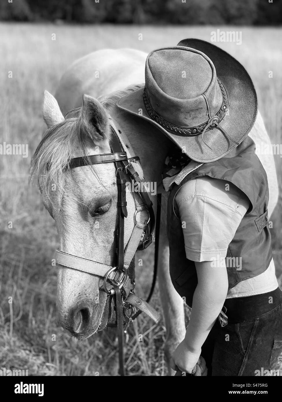 Young boy dressed as a cowboy with small grey pony Stock Photo - Alamy