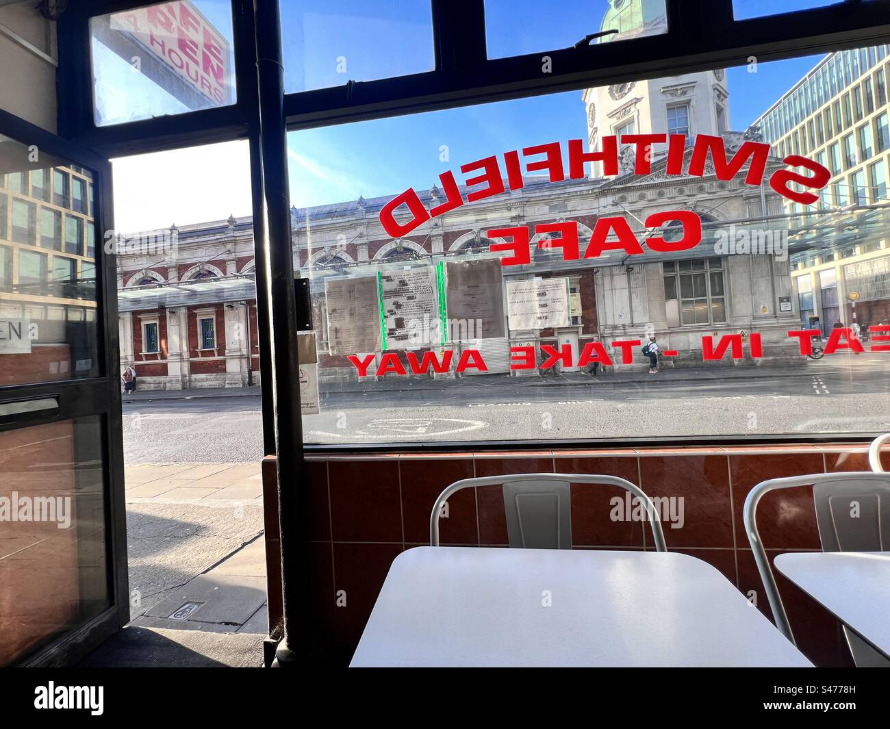 Smithfield Cafe interior view towards Smithfield Market Stock Photo - Alamy