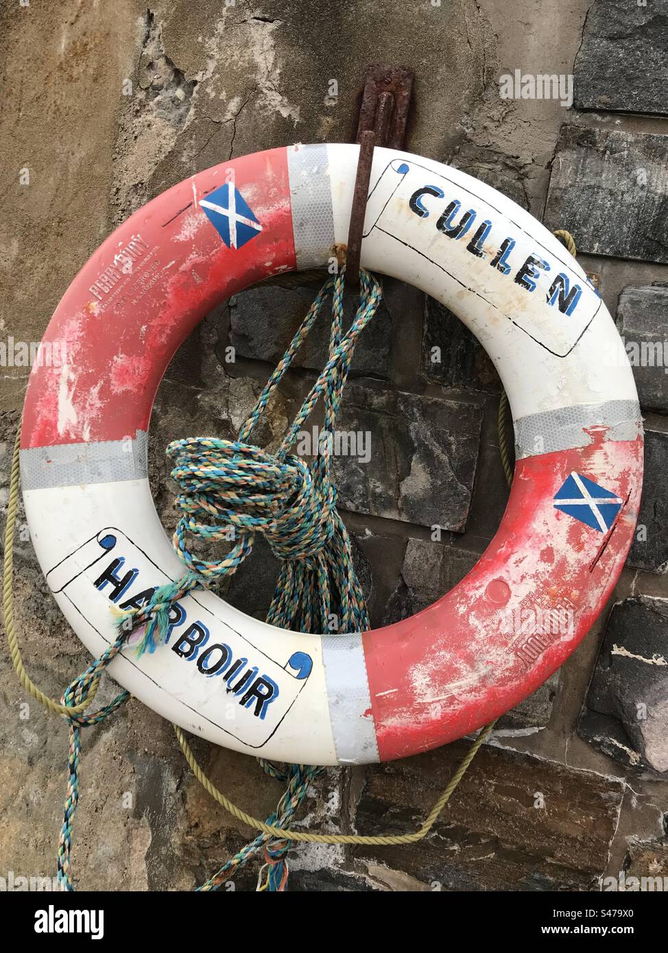 Cullen Harbour Lifebuoy, Scotland Stock Photo - Alamy