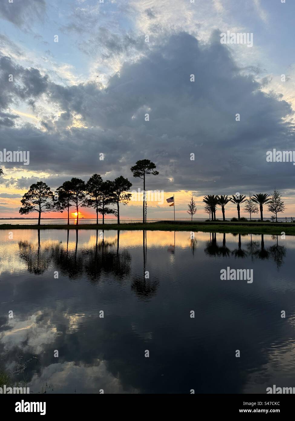 Sunset over the Choctawhatchee Bay Florida panhandle with pine tree ...