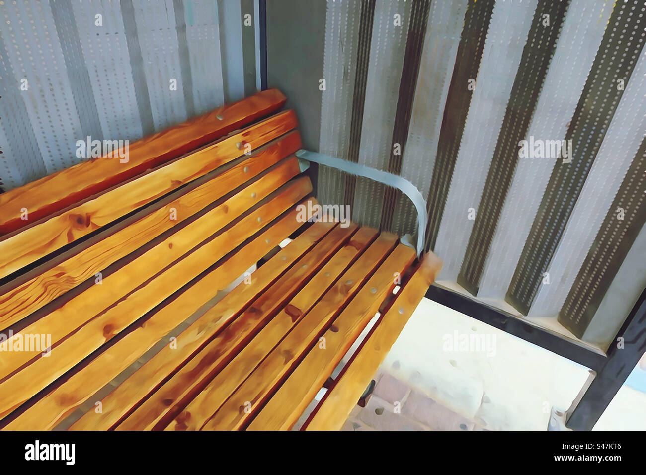 Wood bench seat at bus stop Stock Photo - Alamy