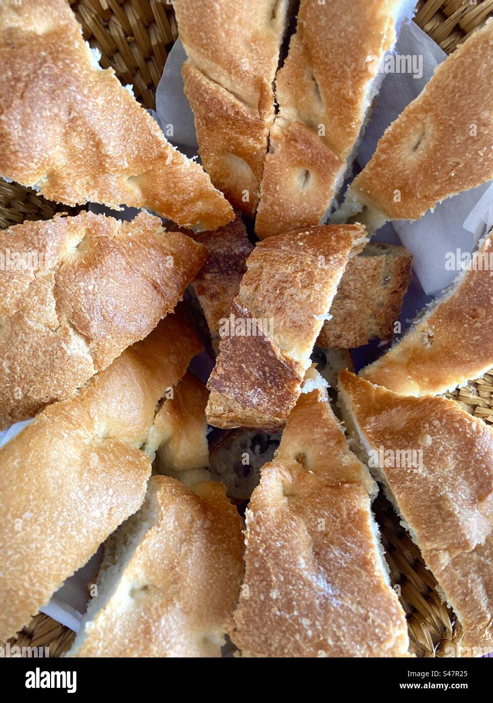 Basket full of cut rustic bread in triangles close up from above Stock ...