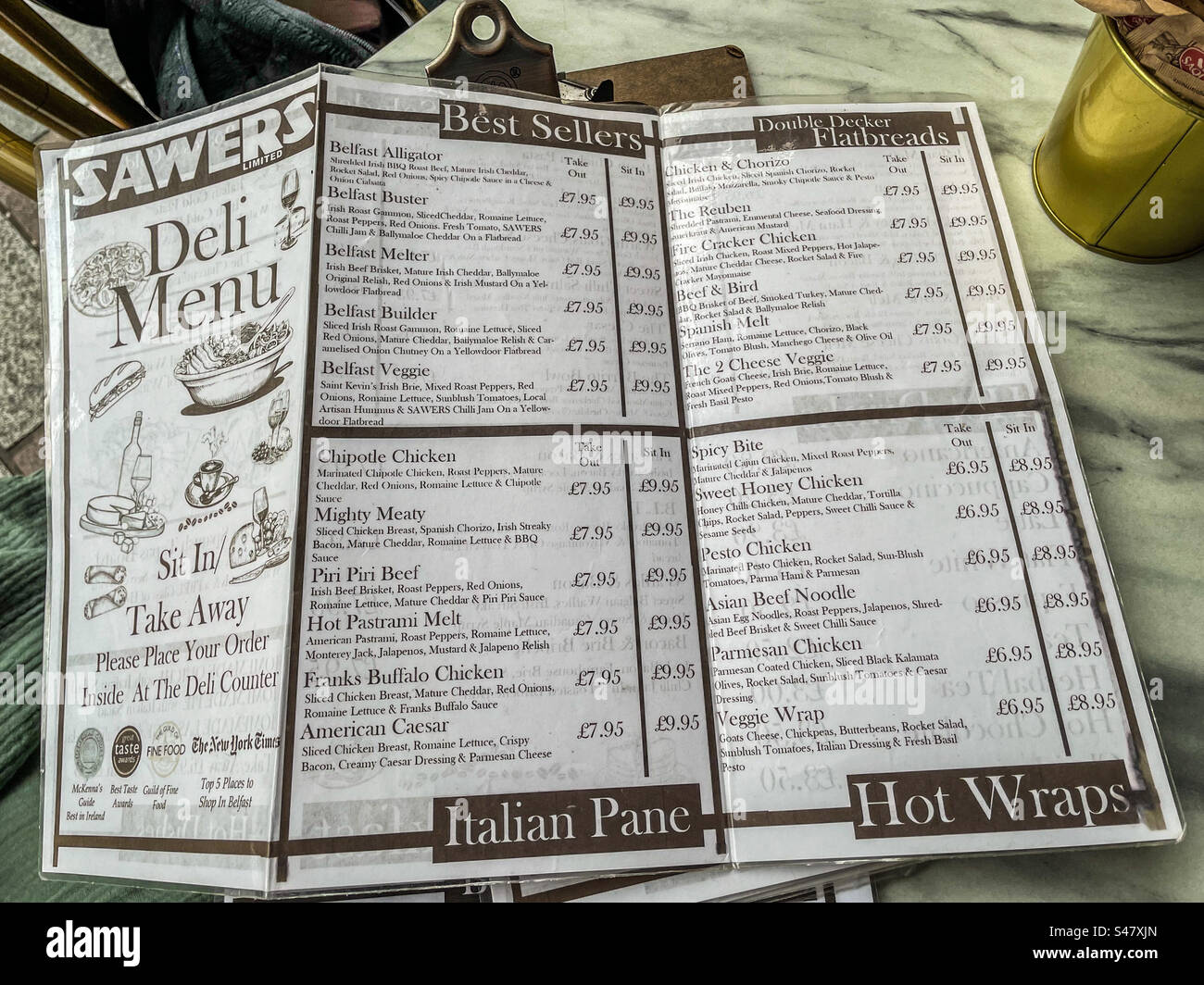 Sawers deli menu, Belfast Stock Photo - Alamy