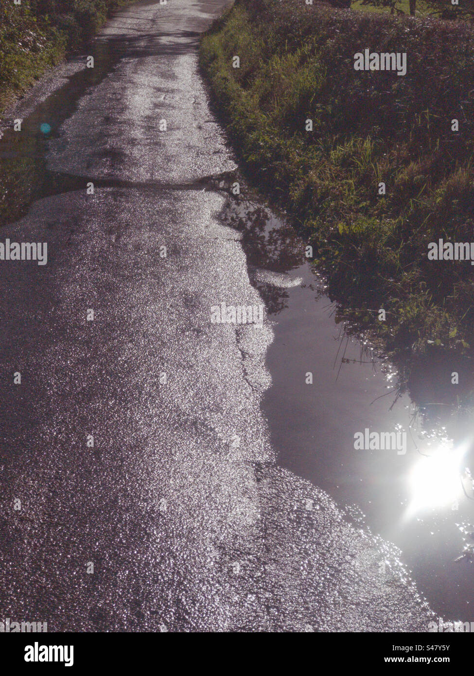 Refection of sun on country road after heavy Autumn showers leaving ...