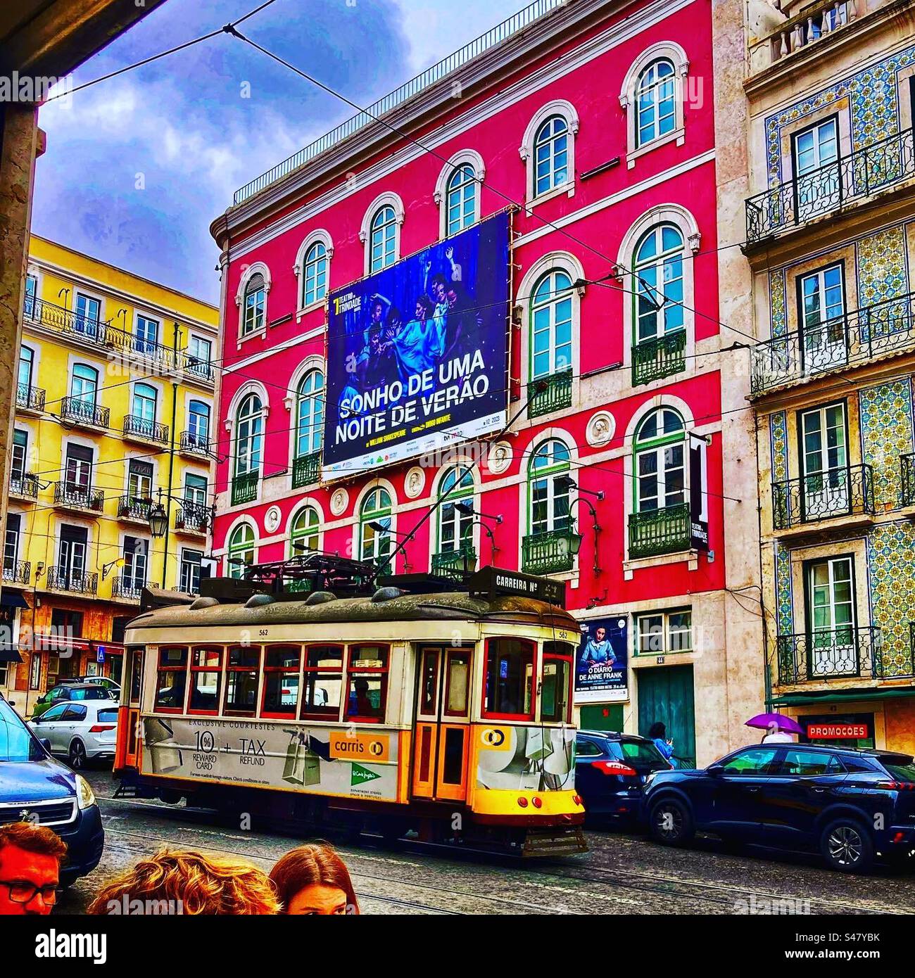 Lisbon street scene with yellow tram and bright colours buildings Stock ...