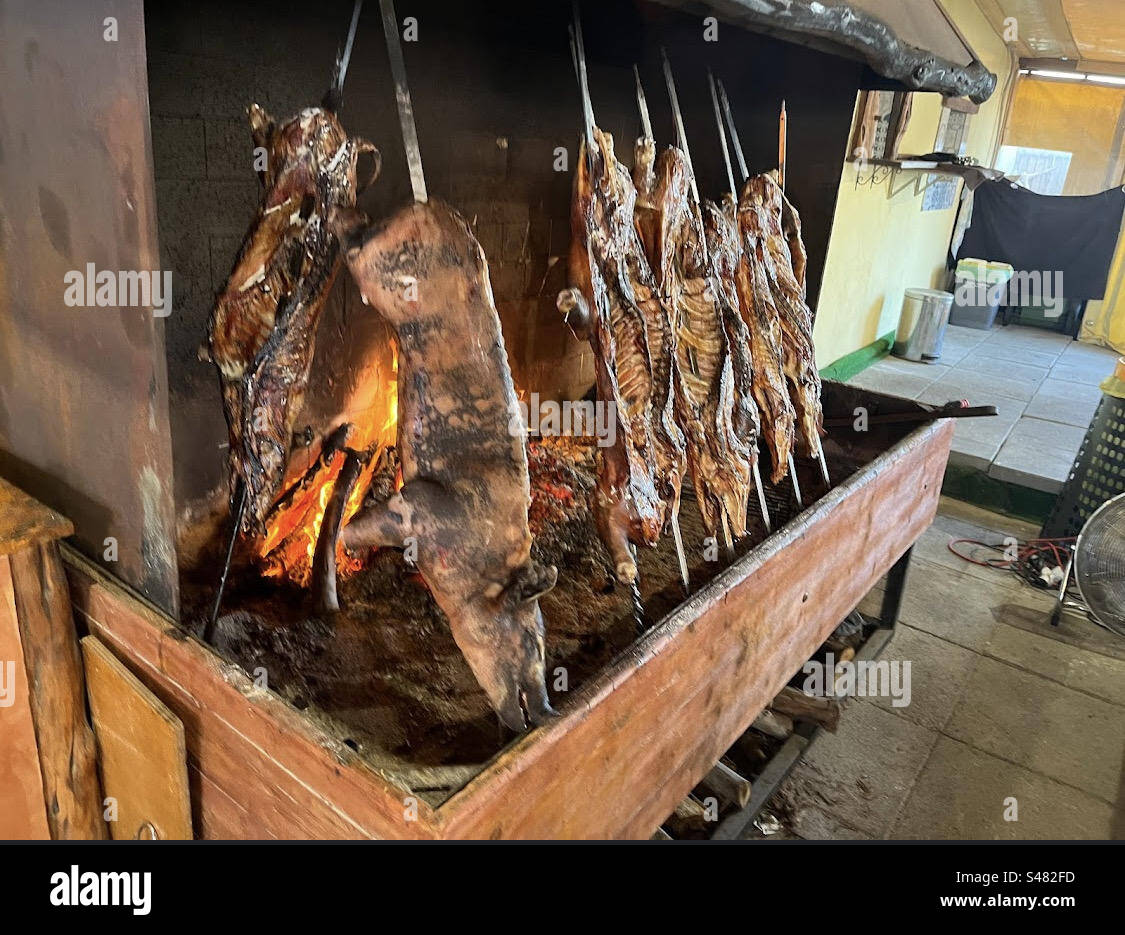 Pork at charcoal BBQ Stock Photo - Alamy