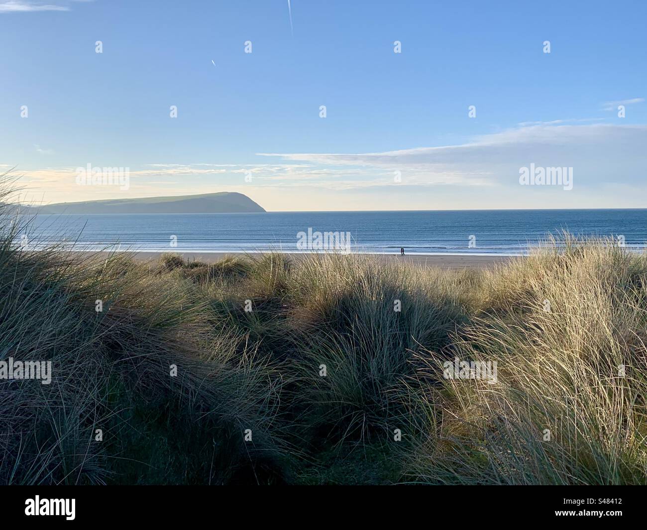 Sand dunes overlooking beach and sea, Newport, Pembrokeshire Stock ...