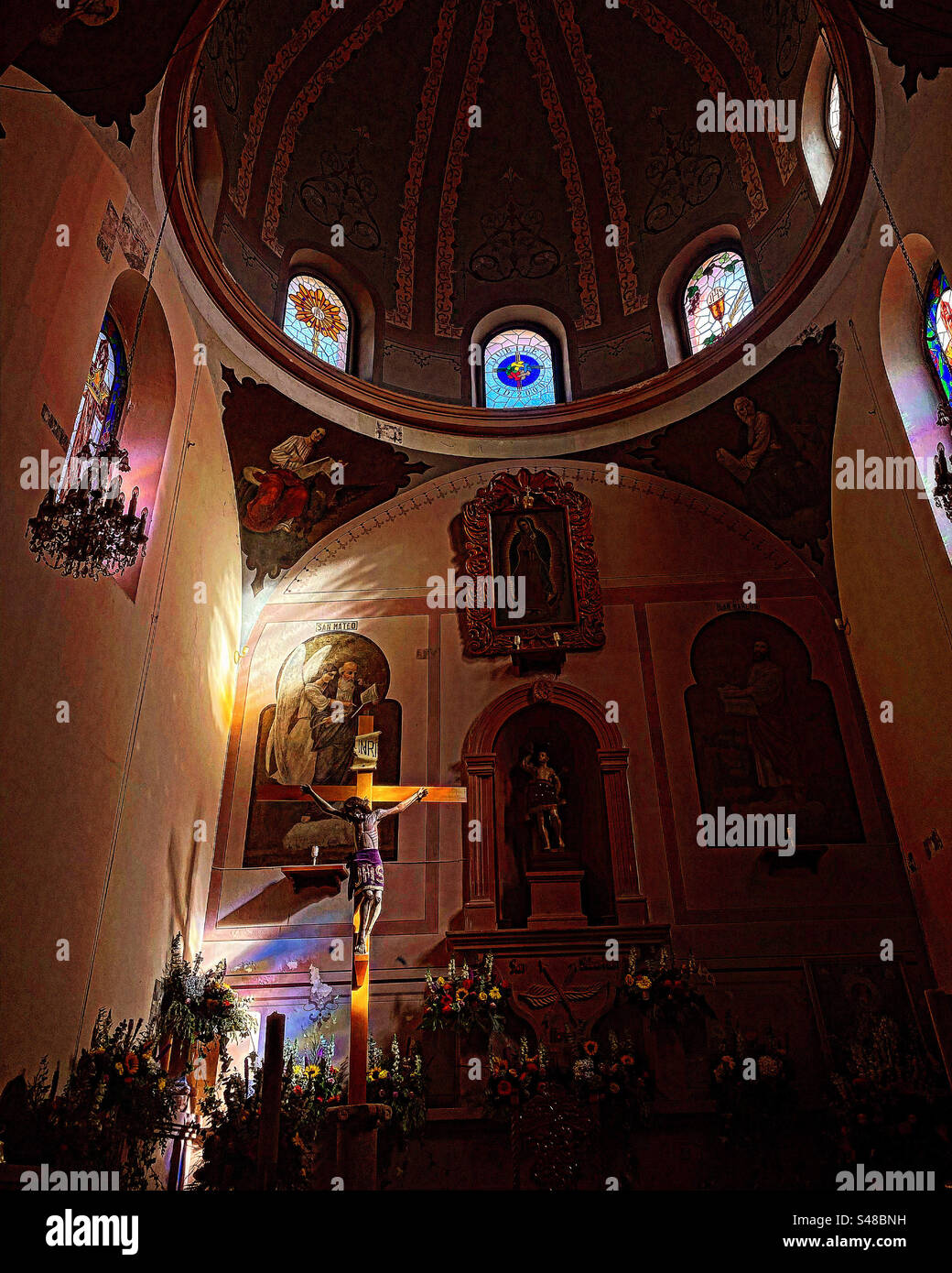 The main altar of the San Sebastian church in San Sebastian Bernal ...