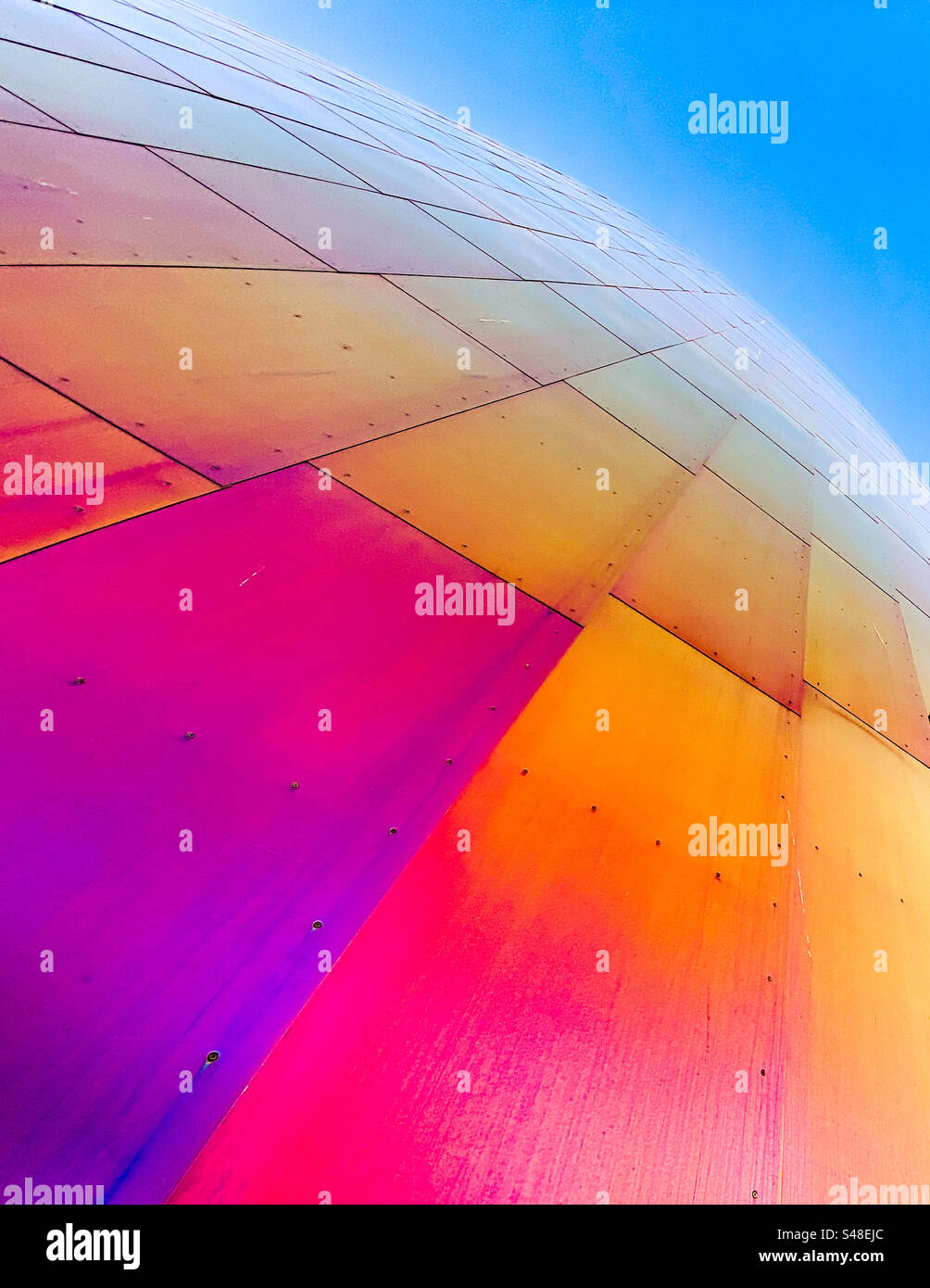 Multicolored sheet metal panel wall on the iconic museum of Pop culture ...