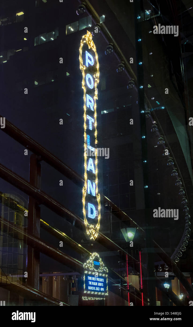 Reflection of the iconic 65 feet lighted Portland sign of the Arlene ...
