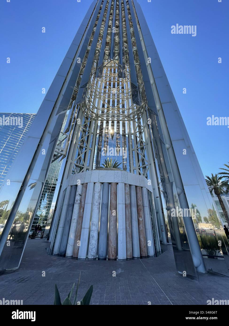 Virgin Mary’s Chapel at dusk, carillon tower, Christ Cathedral campus ...