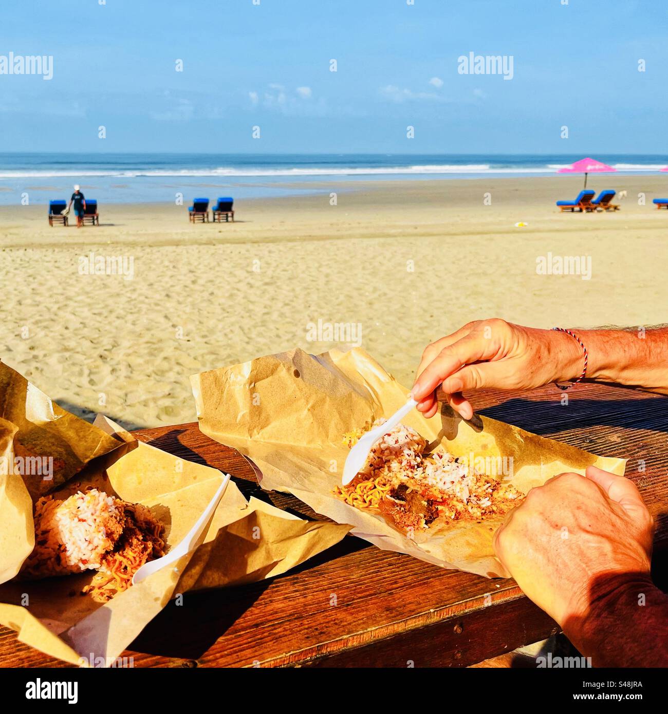 Take away rice breakfast parcel on a beach in Bali Indonesia Stock ...