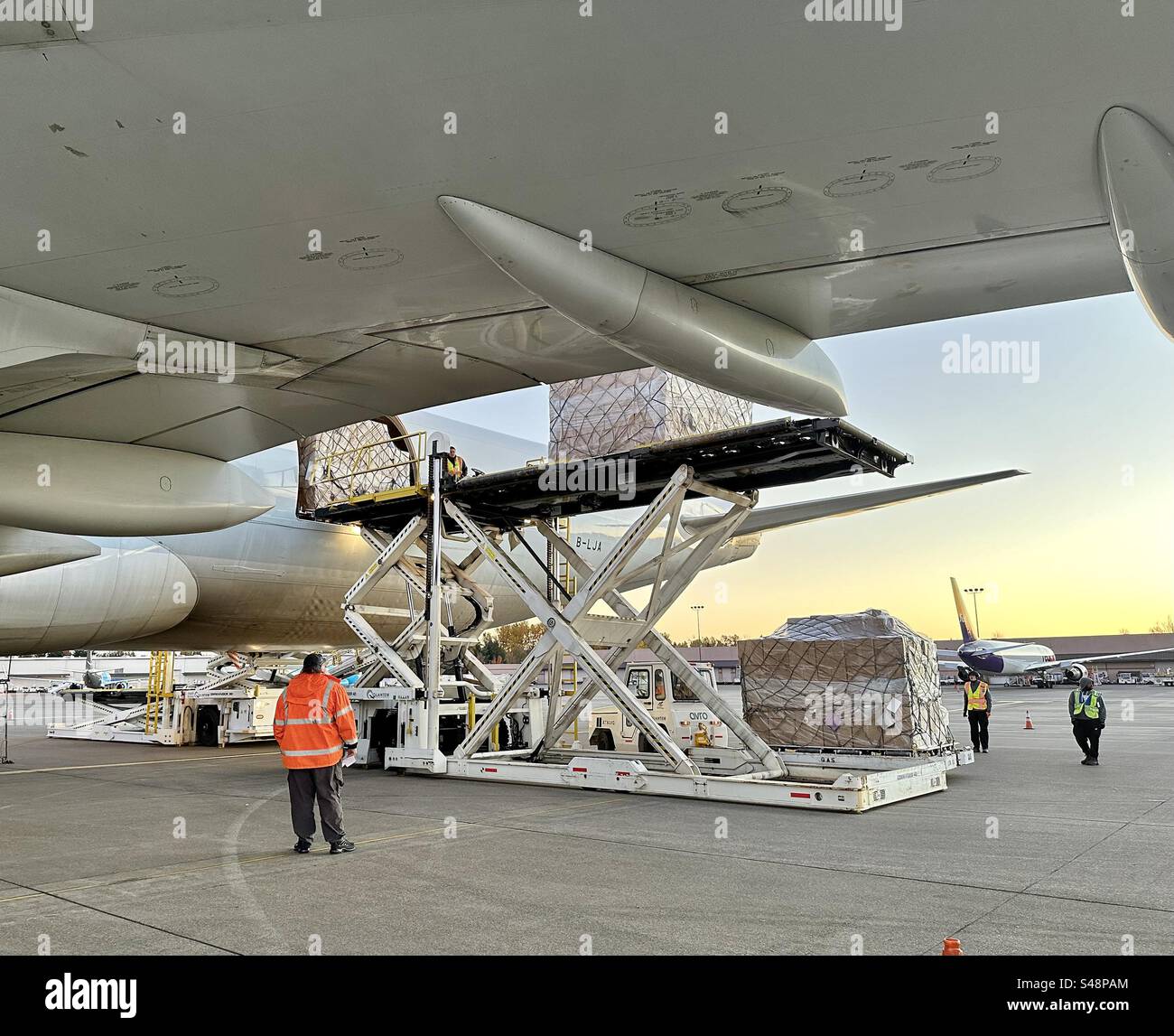 Freight loading onto Boeing 747 cargo aircraft, Melbourne, Australia ...