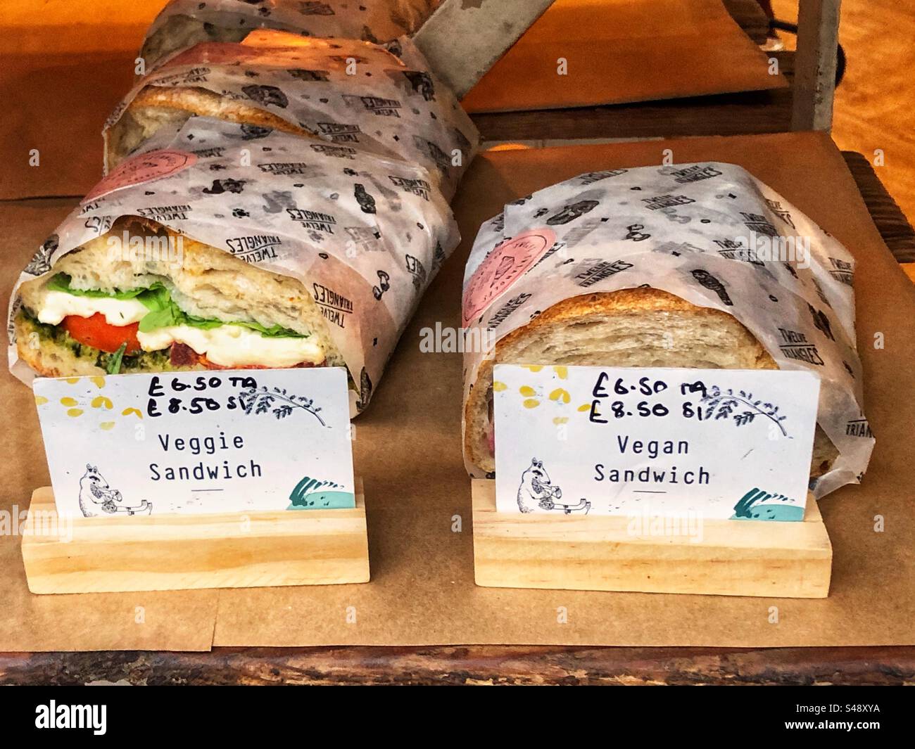 Freshly made veggie sandwich and vegan sandwich priced up for sale in ...