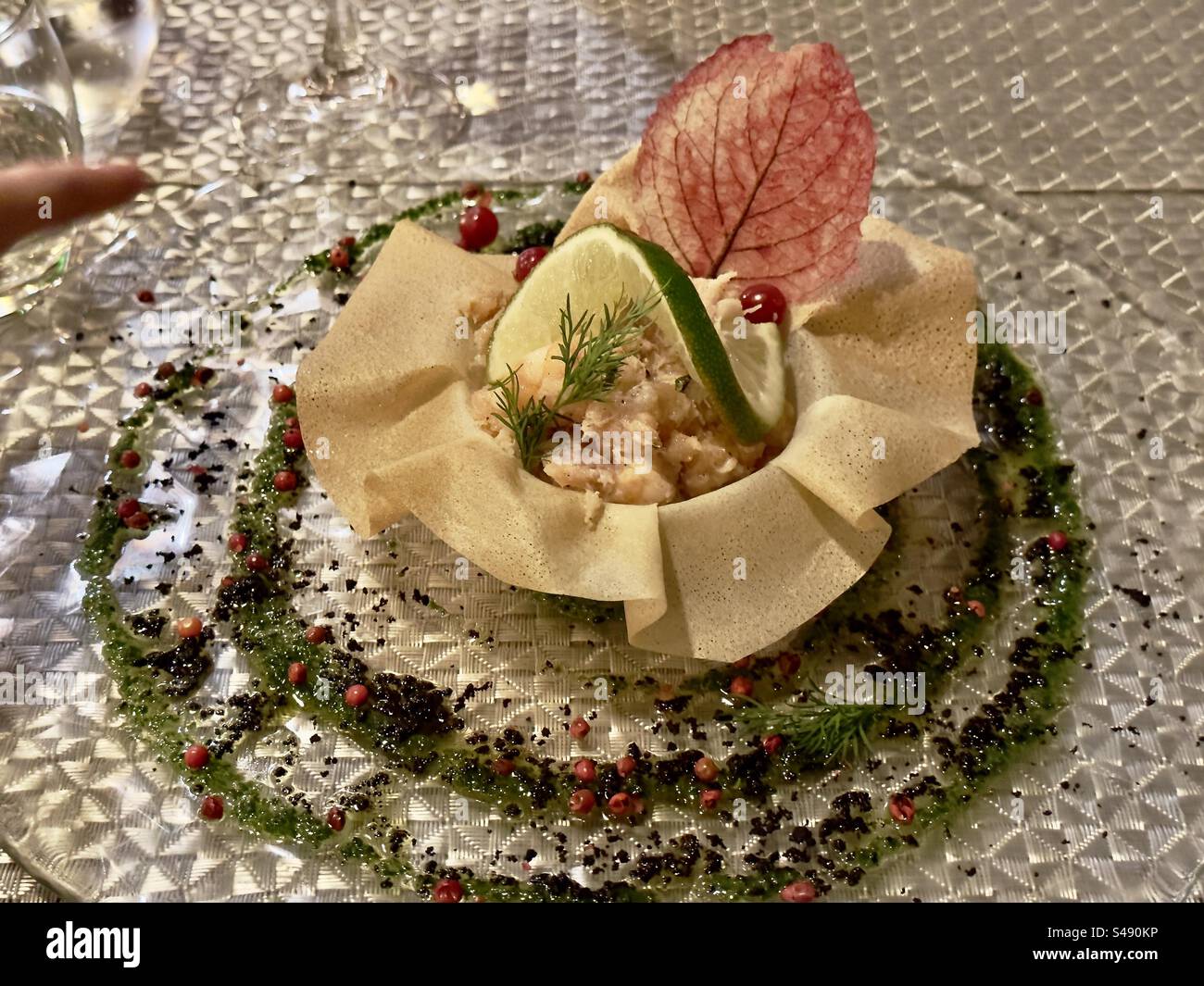 Close-up shot of a fancy gastronomical ceviche in edible bowl in a ...
