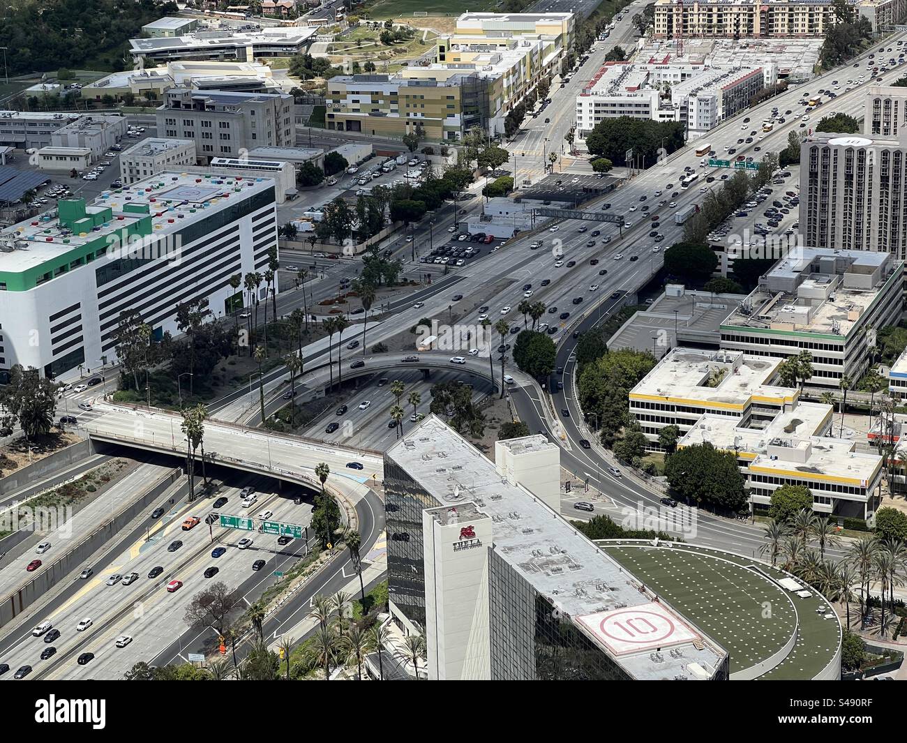 LOS ANGELES, CA, MAY 2023: looking down on intersection between the 110 ...