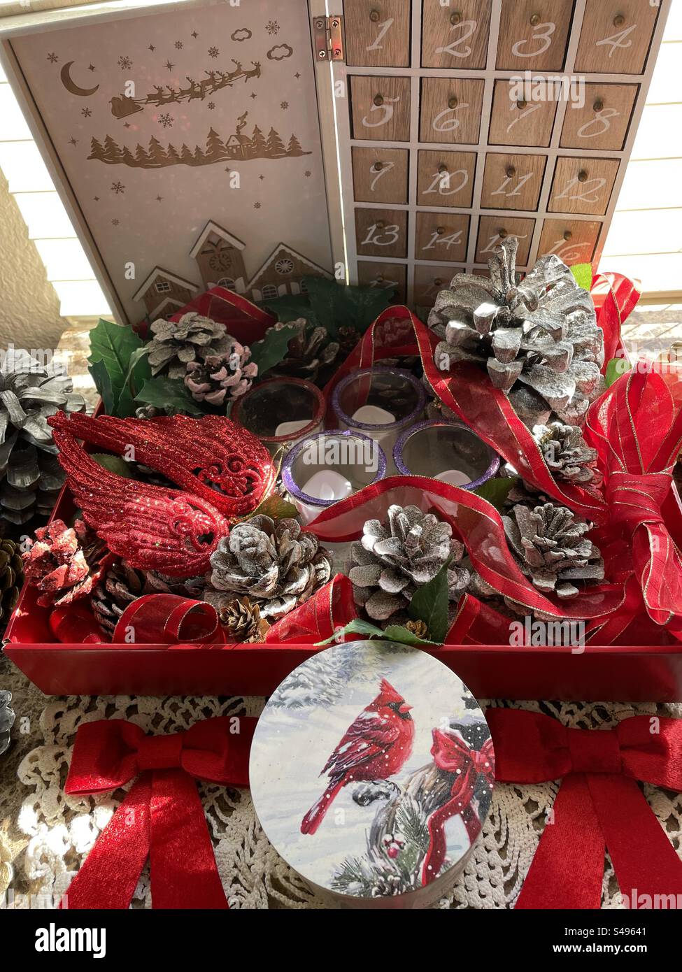 Holiday decorations, Advent calendar, Boxed Advent wreath, bright red ...