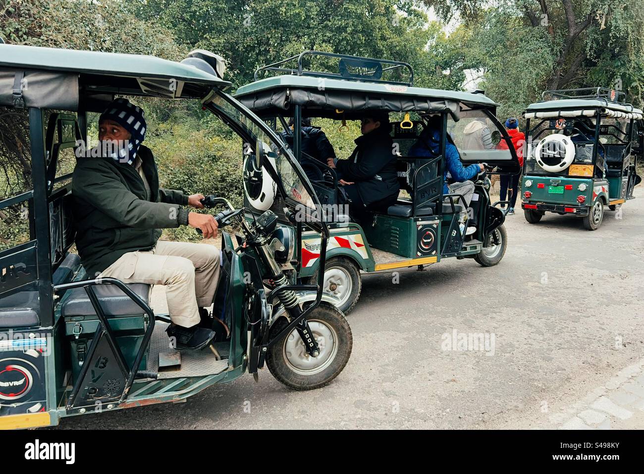 Electric rickshaws at Bharatpur bird sanctuary in Rajasthan in India ...