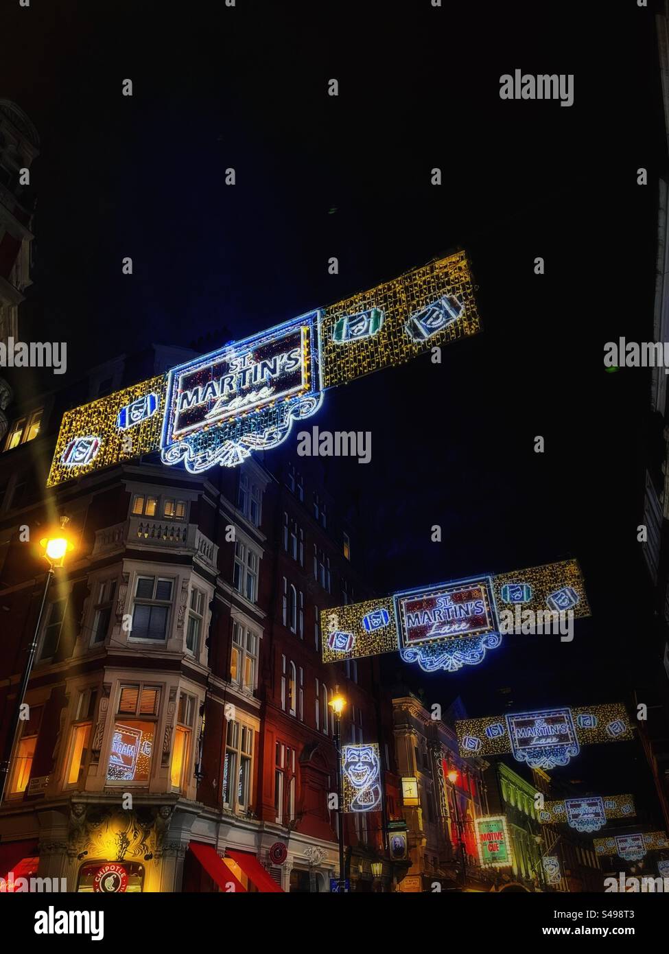 St Martin’s Lane in London’s theatre district Christmas lights and ...