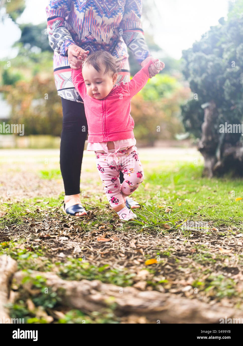 Baby’s first steps outdoors. Baby walking with being helped by adult ...