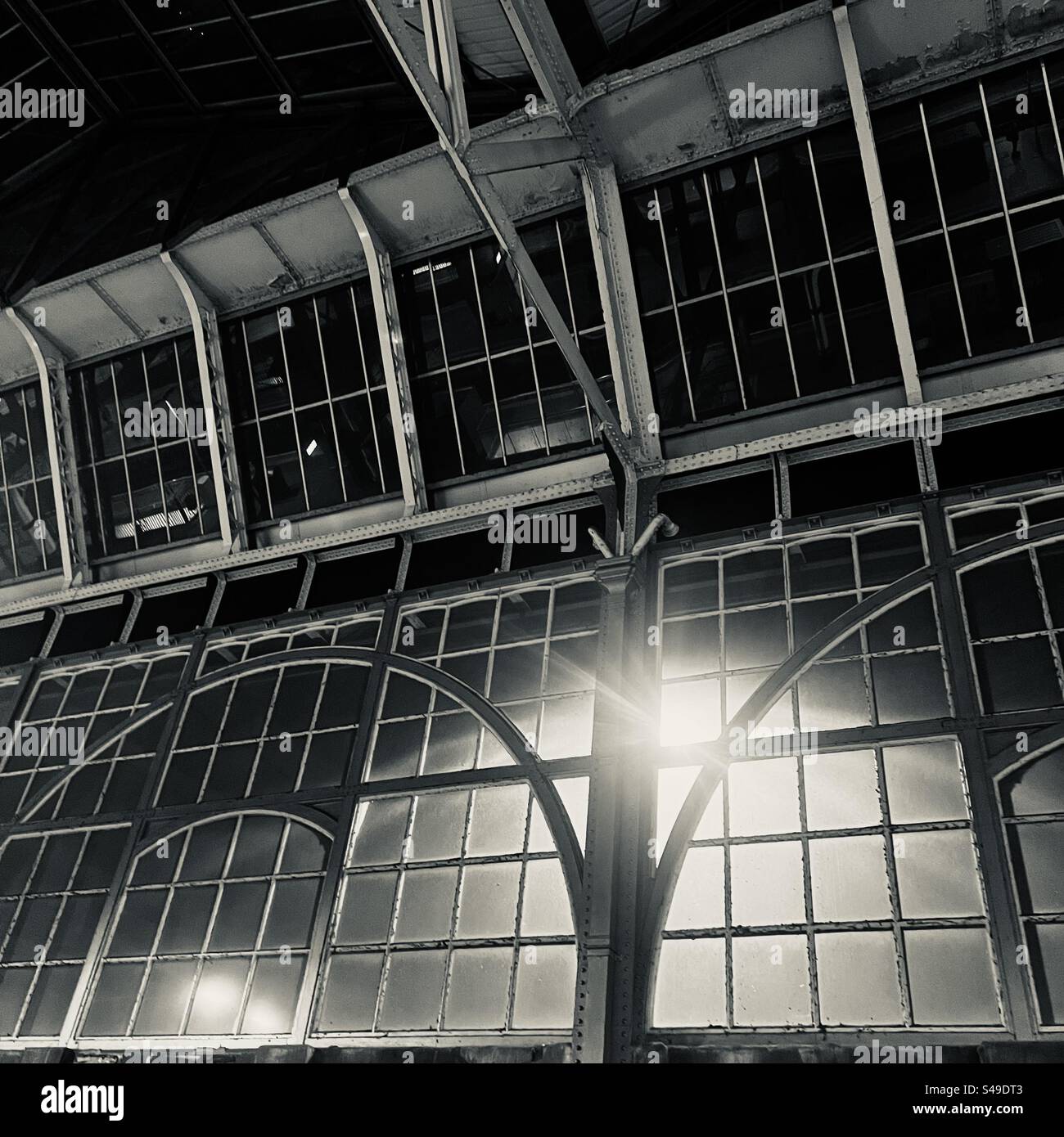 Waterloo Station London interior windows B&W Stock Photo - Alamy