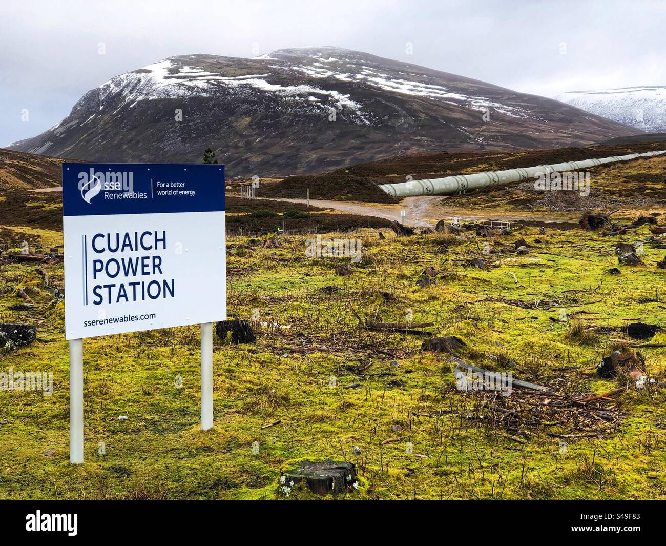 Cuaich Hydroelectric Power Station, with a view of a wintry snow ...