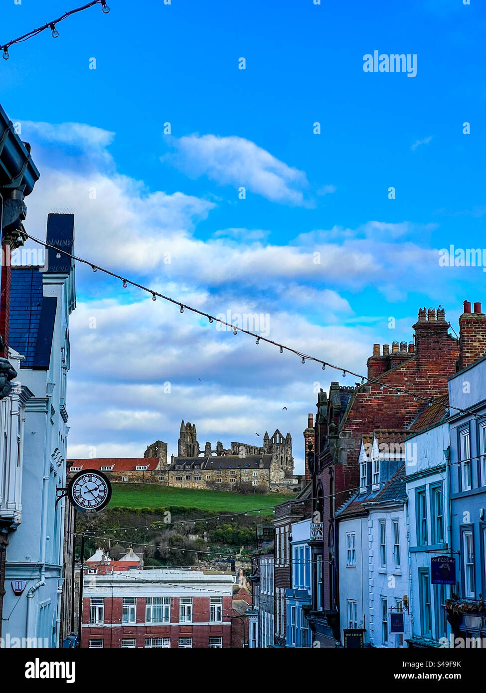 View of Whitby Abbey down Flowergate in Whitby North Yorkshire Stock ...