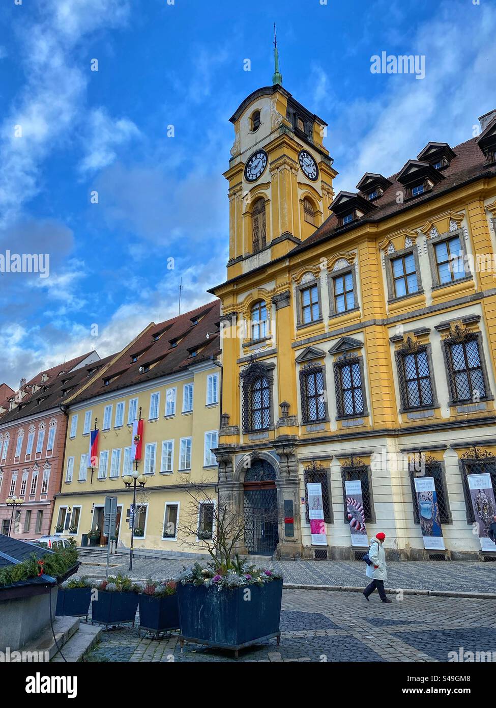 Yellow colored city hall and art gallery on the Main Square in Cheb ...