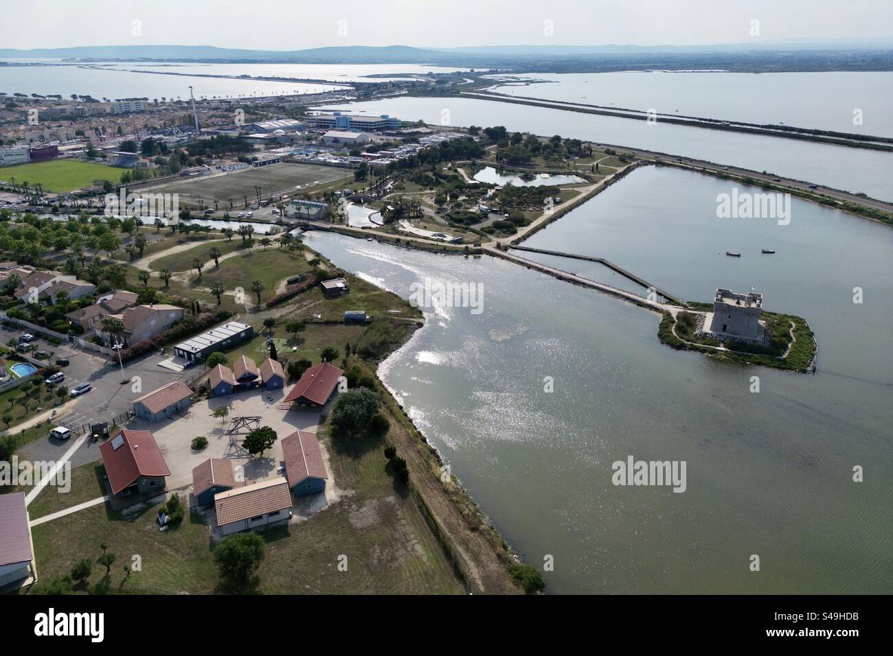 Aerial drone shot of the castle on an island close to the Parc du ...