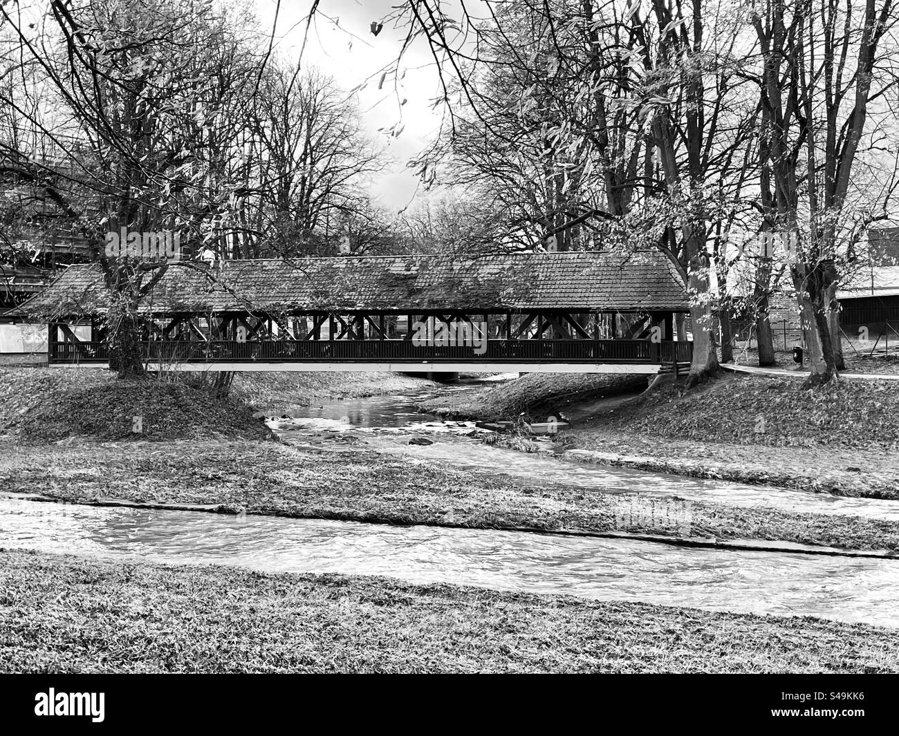 Trees river bridge Black and White Stock Photos & Images - Alamy