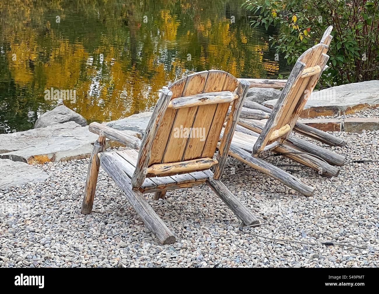 Chairs perfectly placed to enjoy the view of autumn colours, fall tree ...