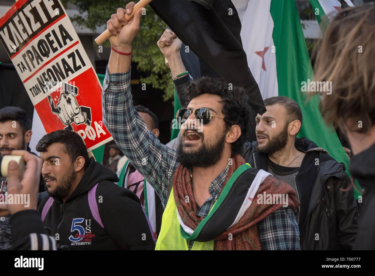 Athens, Greece. 16th Mar, 2019. A protester seen shouting slogans while ...