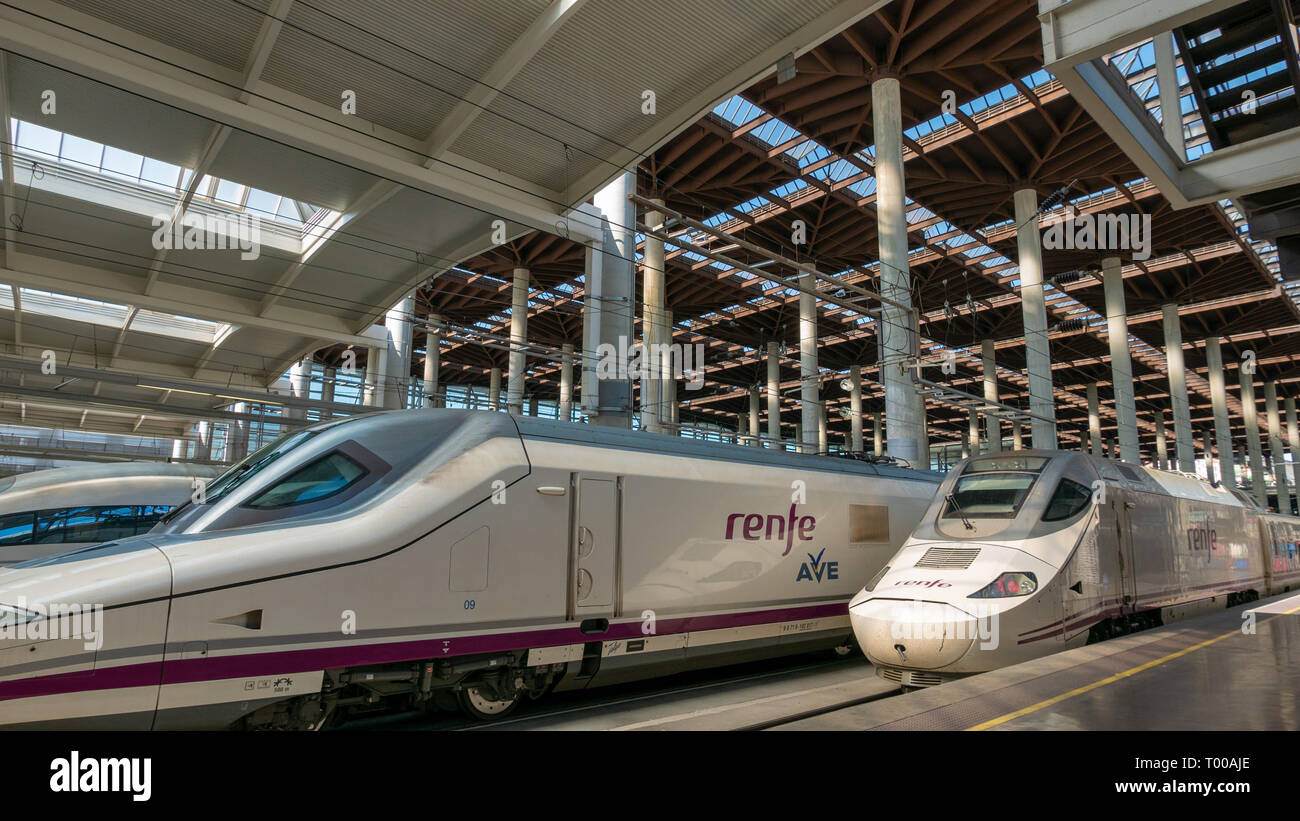 MADRID, SPAIN - MARCH 11, 2019: high-speed AVE trains at Puerta de ...