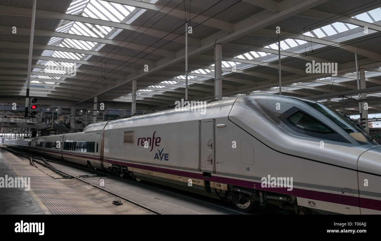 MADRID, SPAIN - MARCH 11, 2019: high-speed AVE trains at Puerta de ...