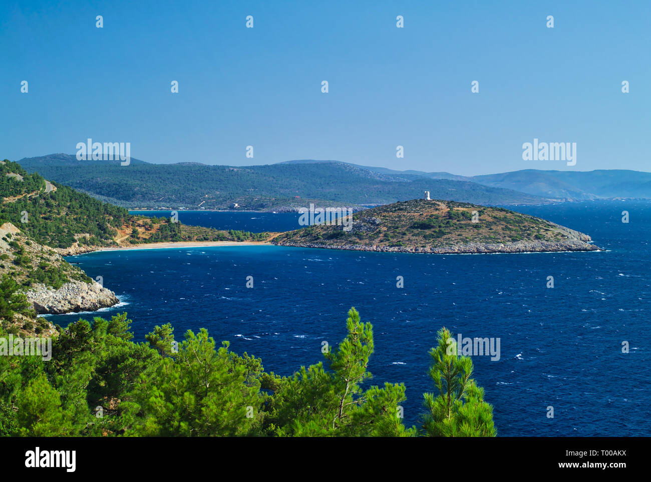 View from above, cape with stone watchtower in Chios island Greece ...