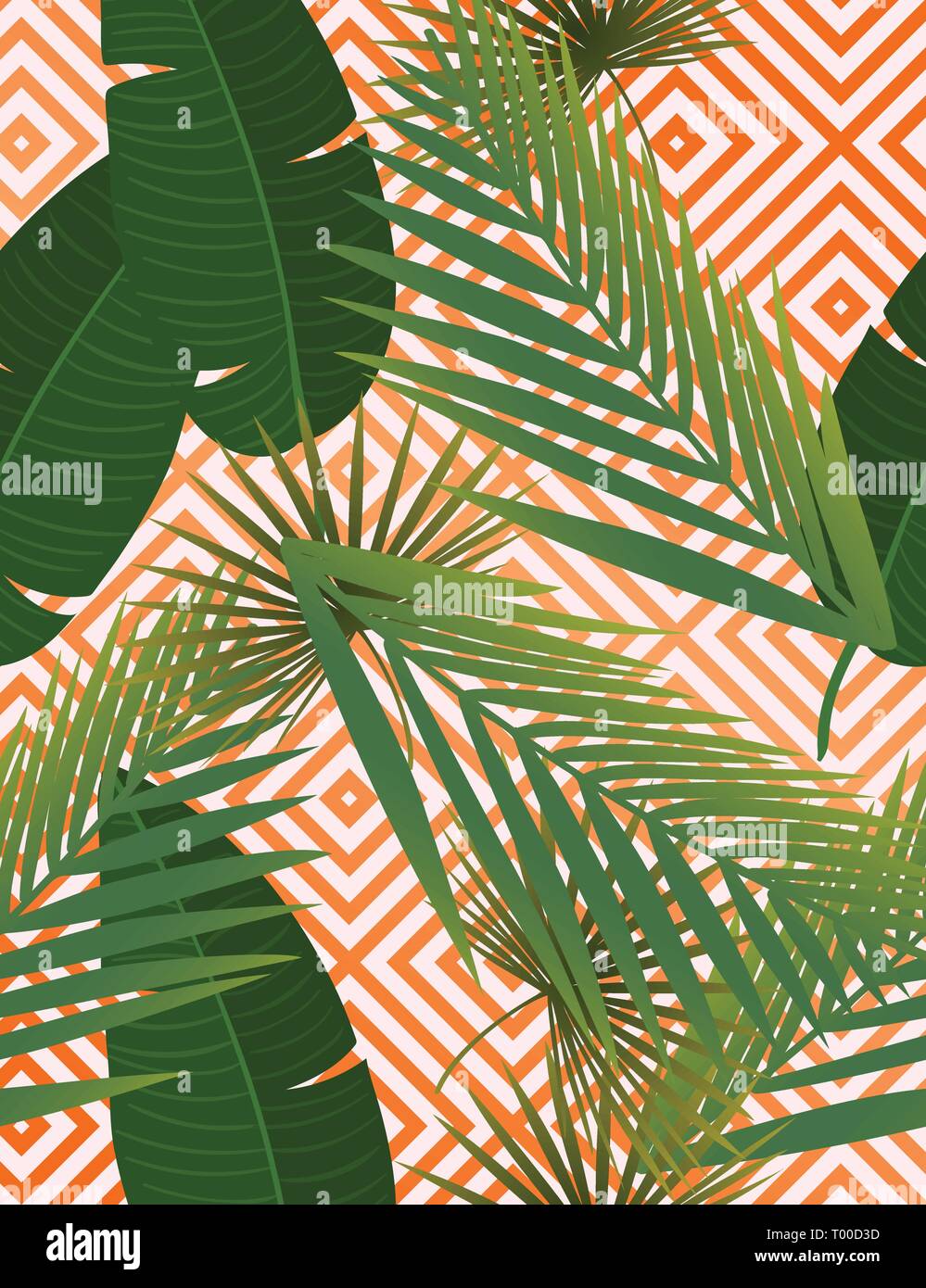 Summer tropical palm leaves seamless pattern on copper texture stripes ...