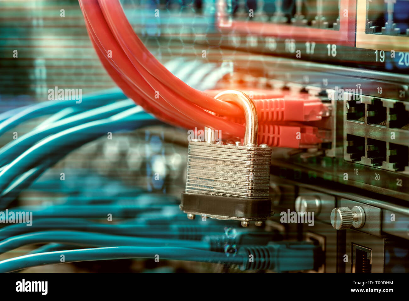 network and data protection concept with padlock and switch cable Stock ...