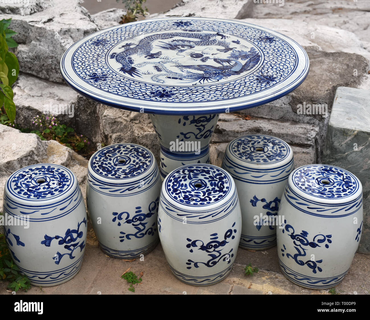 Antique china ceramic bench and table with traditional blue design in ...