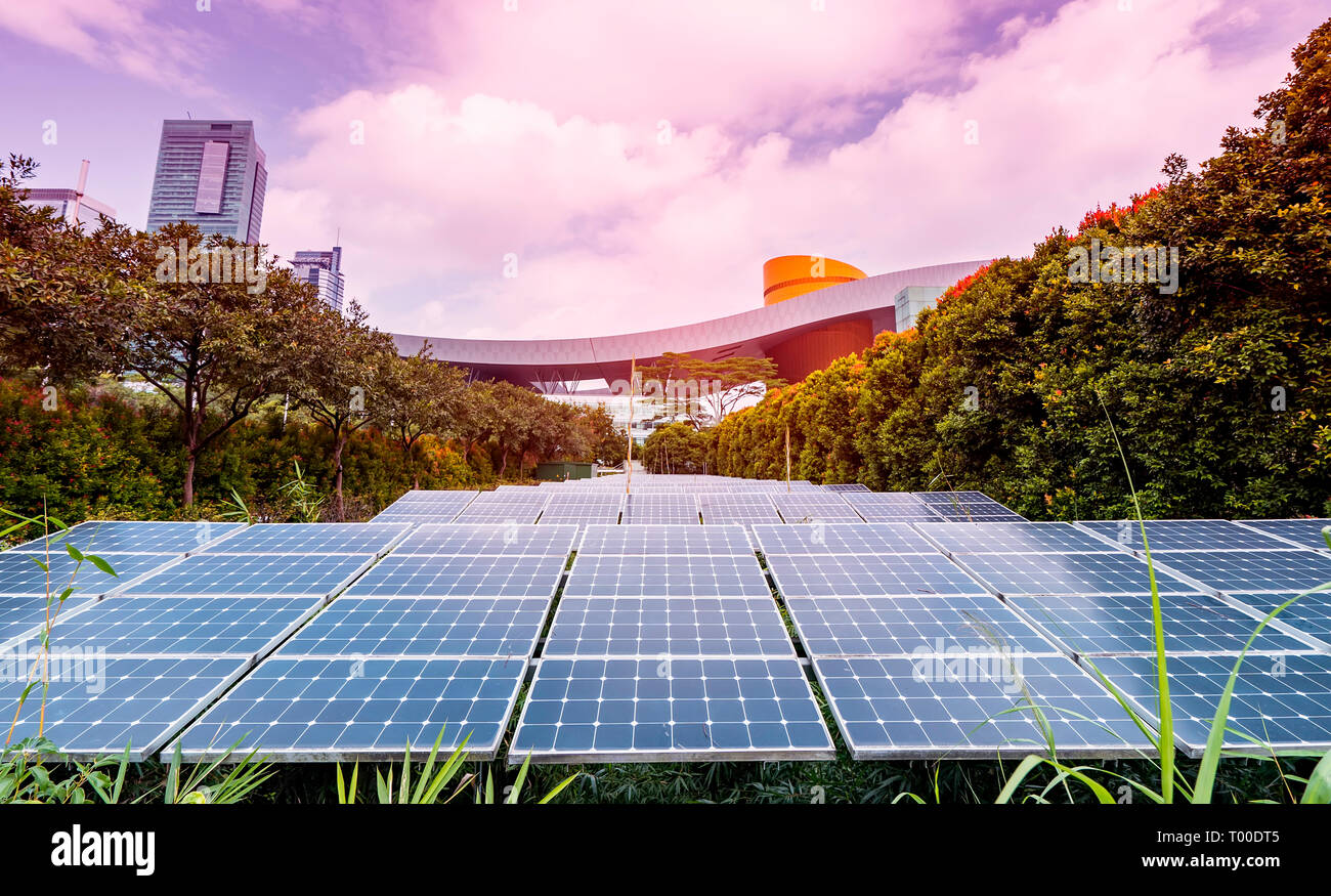 solar panel plant with urban landscape landmarks,Ecological energy ...