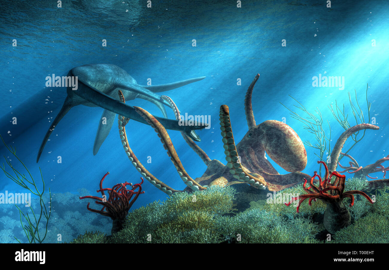 Under the surface of the Cretaceous sea, two mighty beasts do battle. A ...