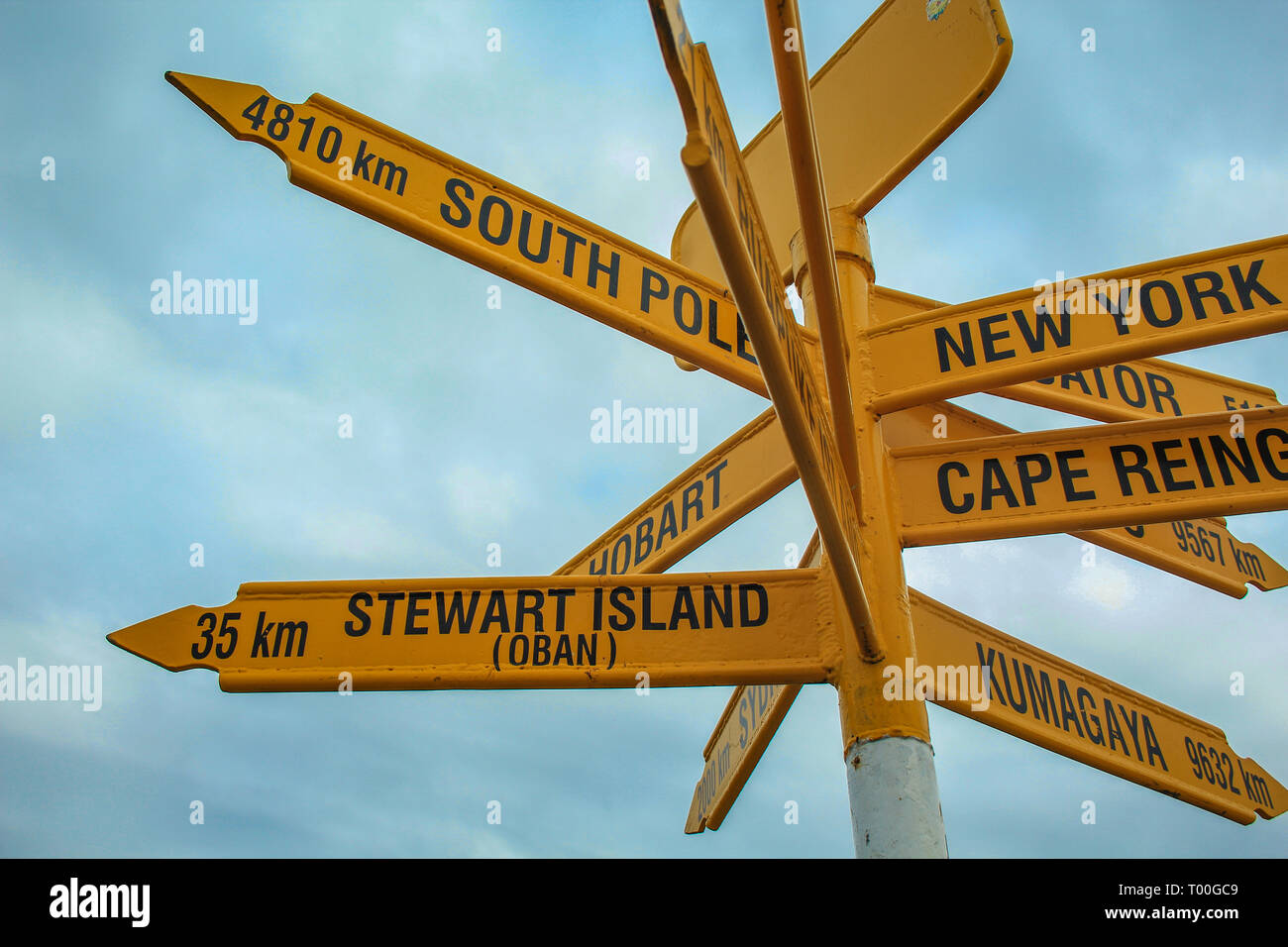 famous global signpost at Bluff, southernmost point on the mainland of ...