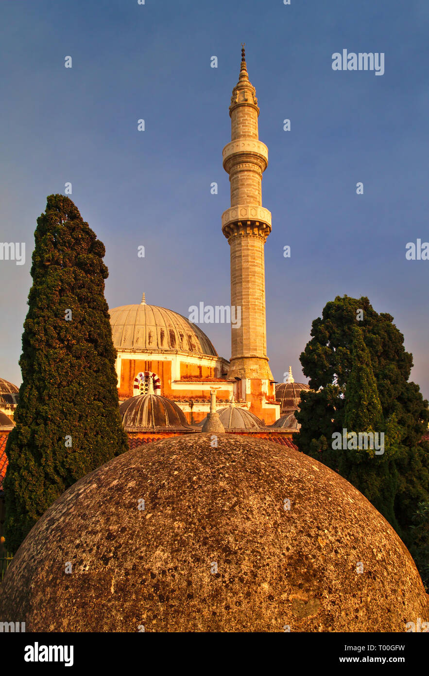 Rhodes island, Greece, landmark Suleiman Mosque at sunset time Stock ...