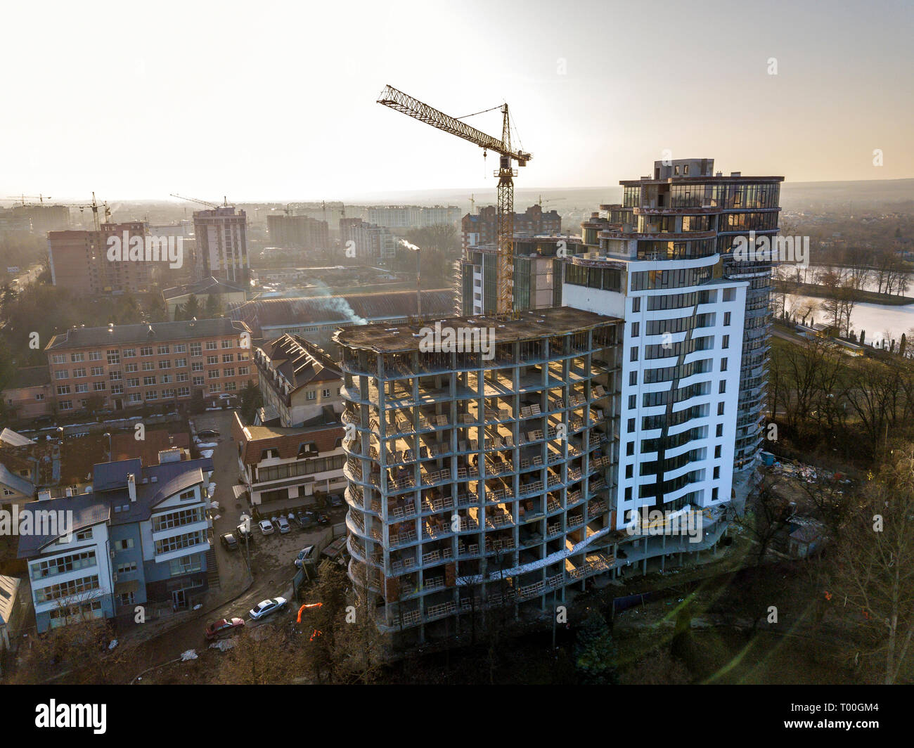 Apartment or office tall building under construction, top view. Tower ...