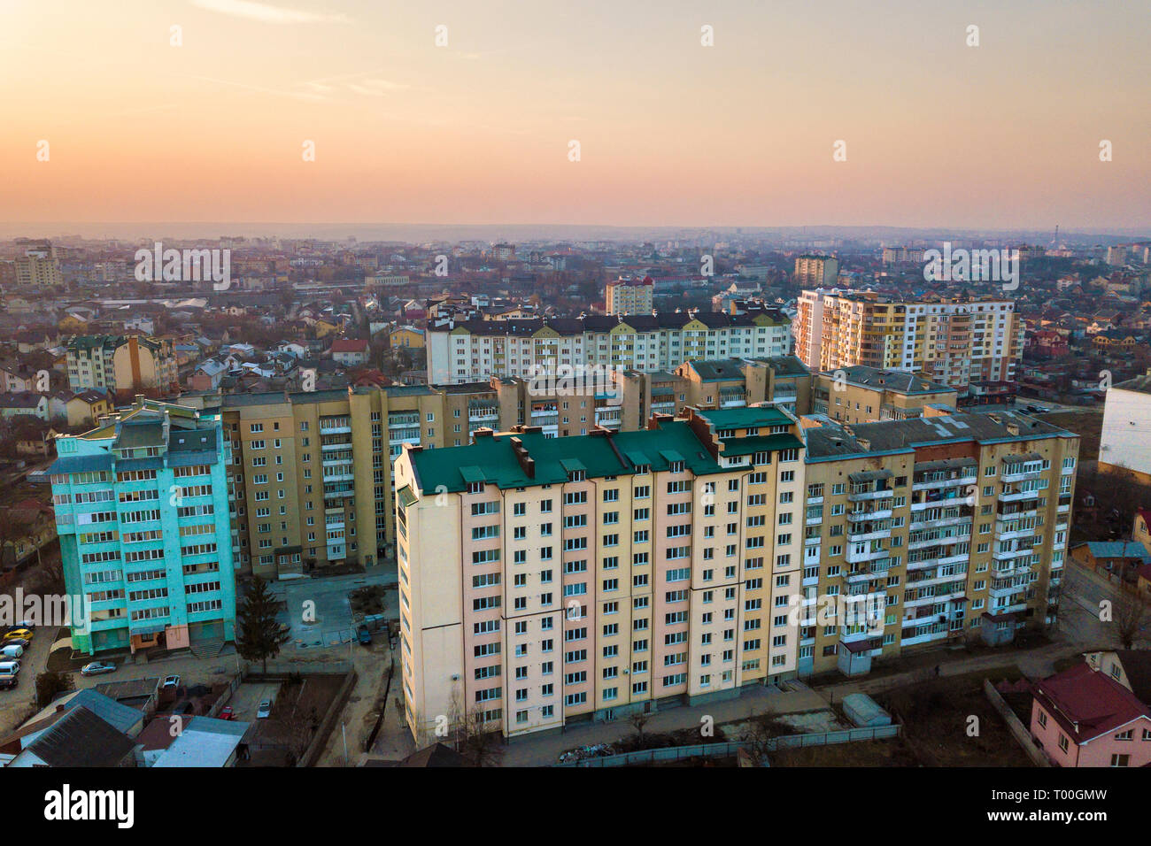 Top view of urban city landscape with tall apartment buildings and ...