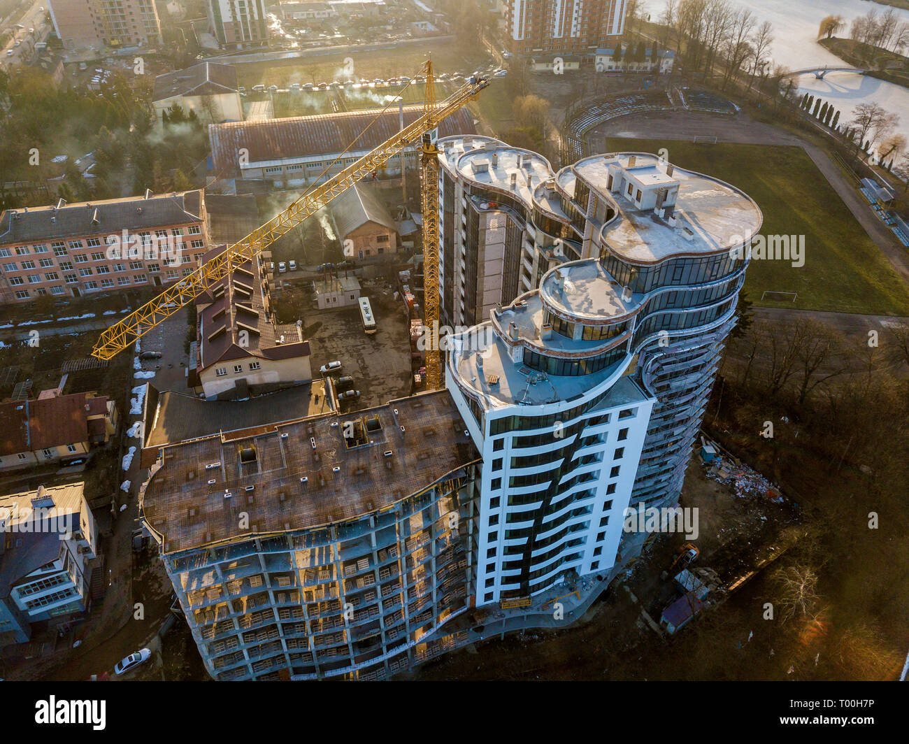 Apartment or office tall building under construction, top view. Tower ...