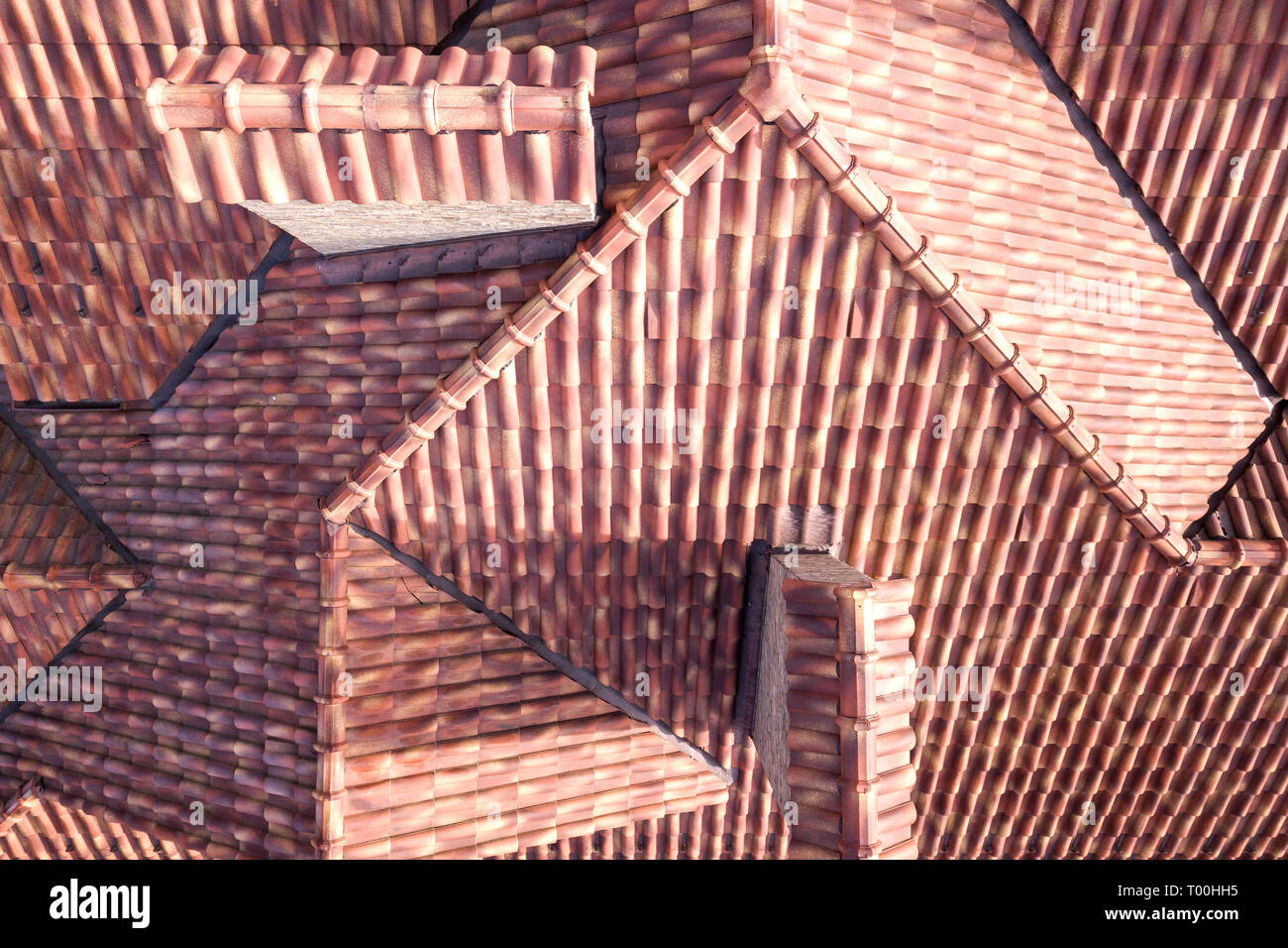 Top aerial view of building complex shingle roof construction. Abstract ...
